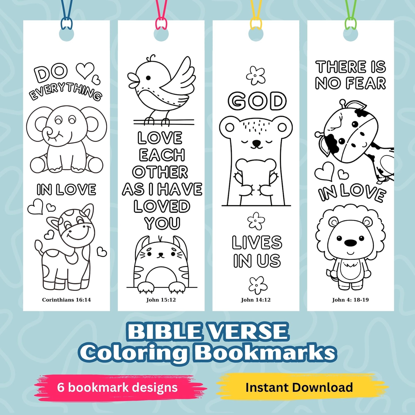 Bible Verse Coloring Bookmarks for Kids, Bible Bookmarks, Animal ...