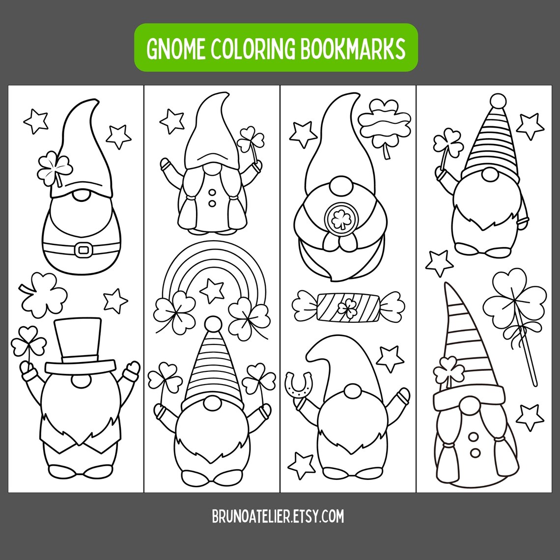 Gnome Coloring Bookmarks for Kids, St Patrick Bookmarks, Cute Gnome ...