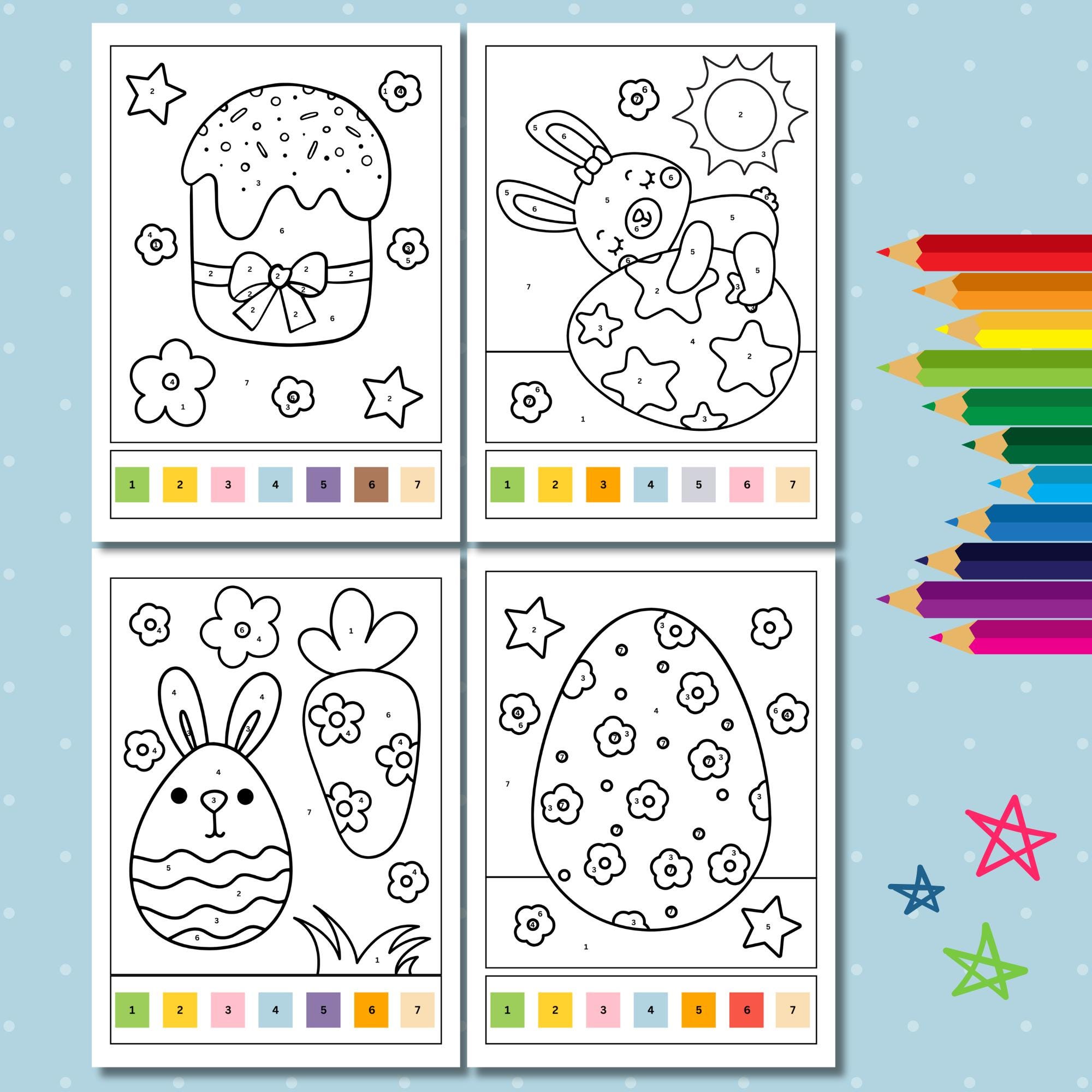 Easter Color by Number Book: Egg & Bunny Coloring Pages (PDF, A4 Size ...