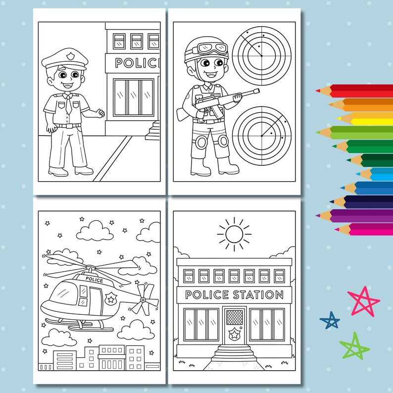 Police Coloring Book: 20 Kids Activity Pages (PNG) - Etsy