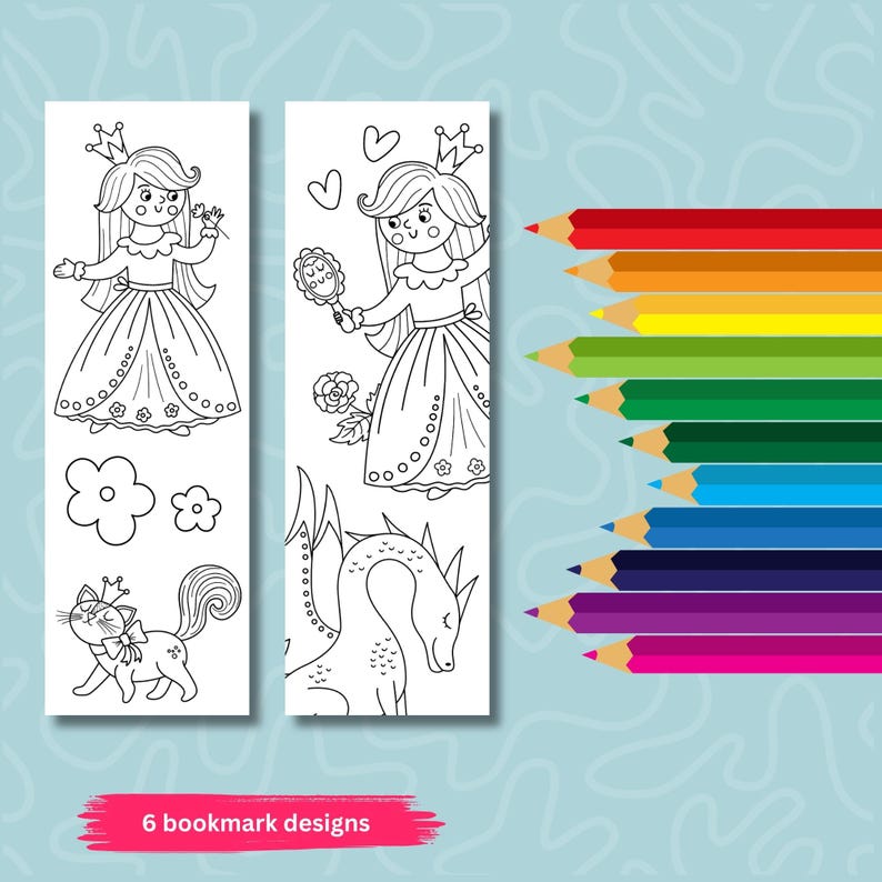 Princess Coloring Bookmarks for Kids, Dragon Bookmarks, Printable ...