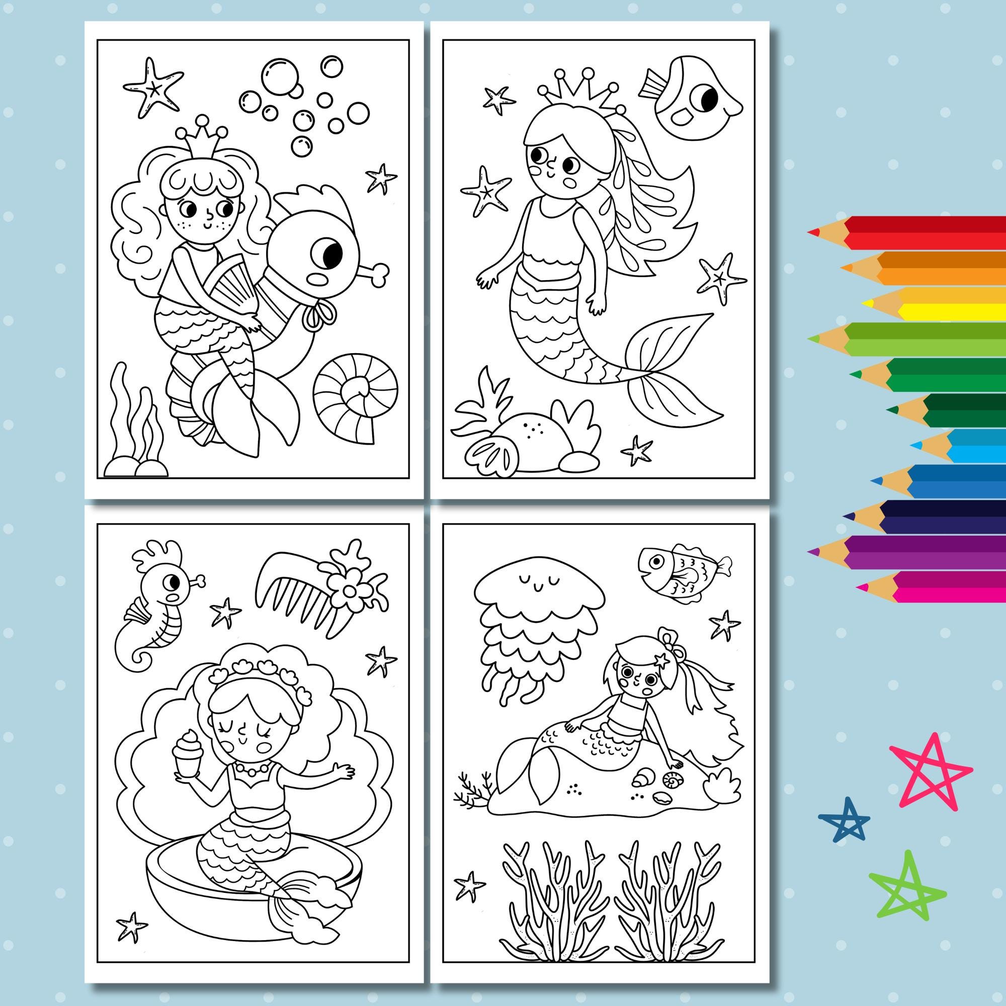 Cute Mermaid Coloring Pages for Kids, Mermaid Coloring Book, Mermaid ...