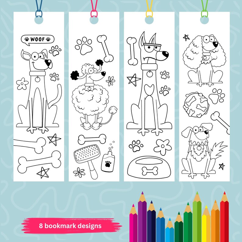 Cute Dog Coloring Bookmarks for Kids, Cute Dog Bookmarks, Printable ...
