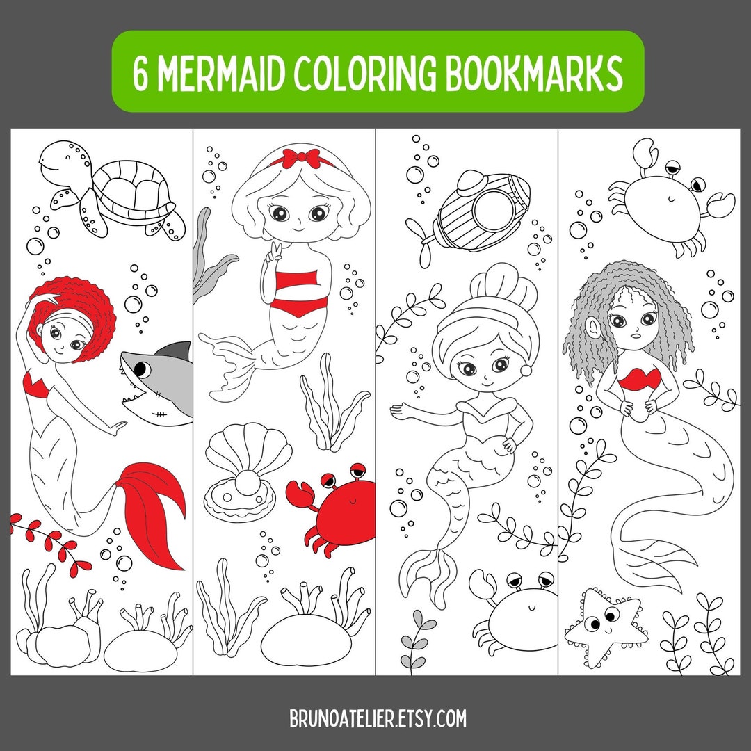 Mermaid Coloring Bookmarks for Kids, Sea Animal Coloring Bookmarks ...