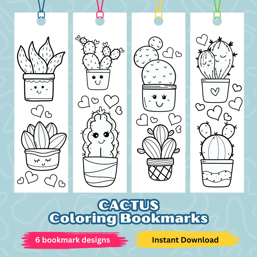 Cactus Coloring Bookmarks for Kids, Catus Bookmarks, Printable Bookmark ...