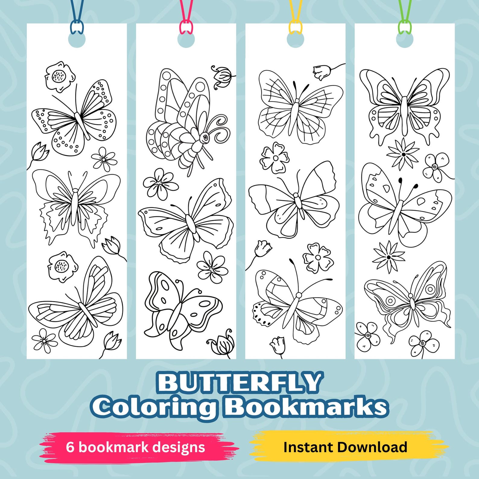 Butterfly Coloring Bookmarks: Set of 6 Printable Floral Designs (PDF ...