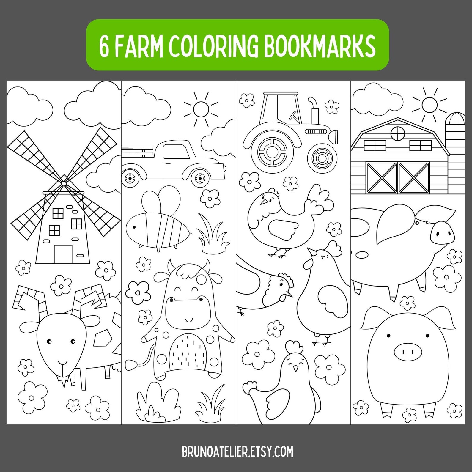 Farm Coloring Bookmarks for Kids, Cute Animal Coloring Bookmarks, Farm ...