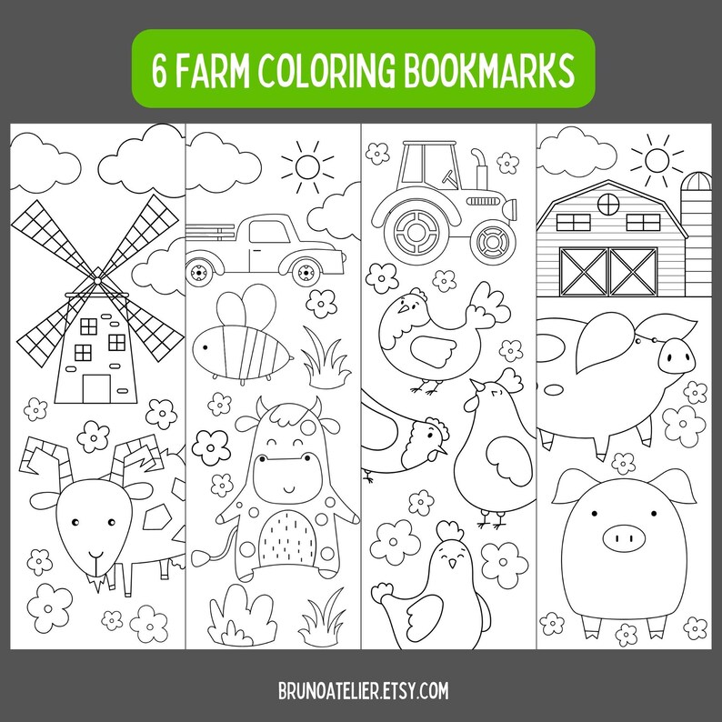 Farm Coloring Bookmarks for Kids, Cute Animal Coloring Bookmarks, Farm ...