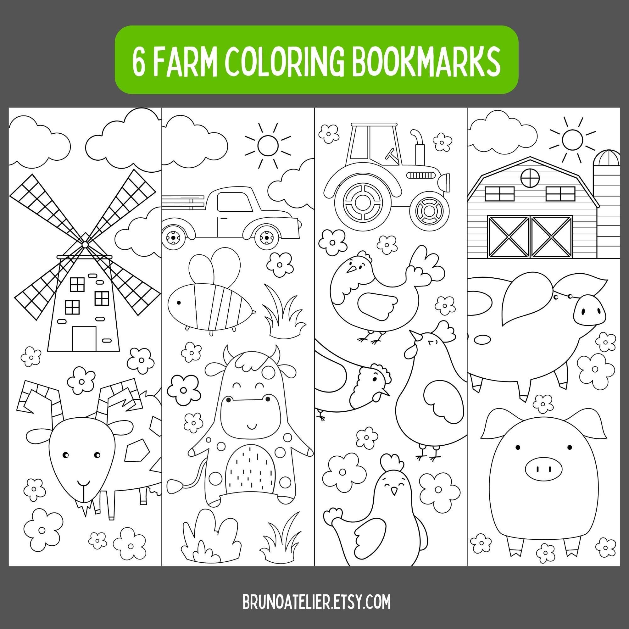 Farm Coloring Bookmarks for Kids, Cute Animal Coloring Bookmarks, Farm ...