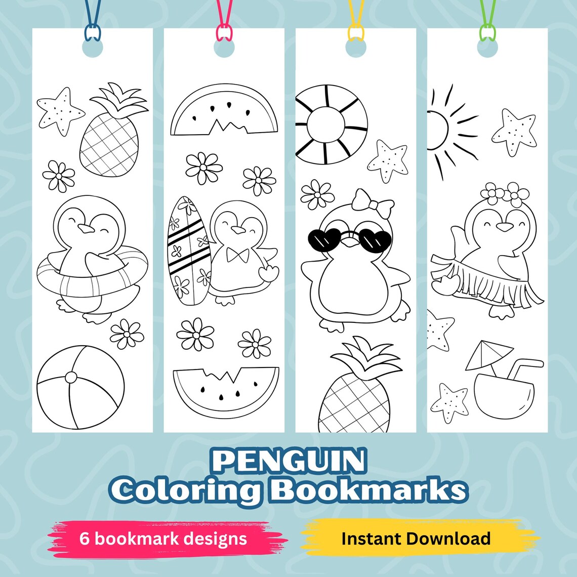 Summer Penguin Coloring Bookmarks for Kids (PDF) - Etsy