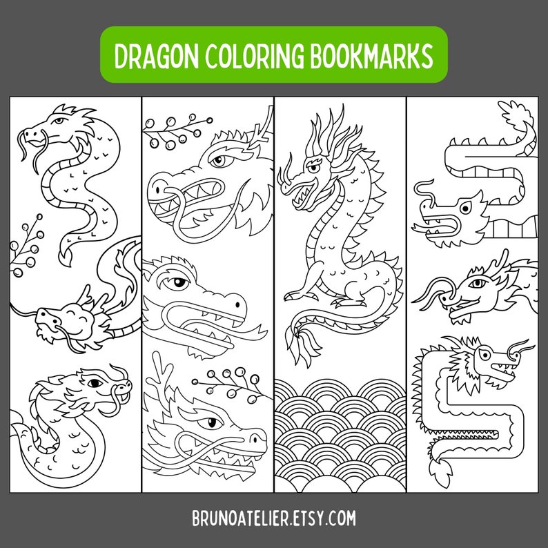 Dragon Coloring Bookmarks for Kids, Dragon Bookmarks, Printable ...