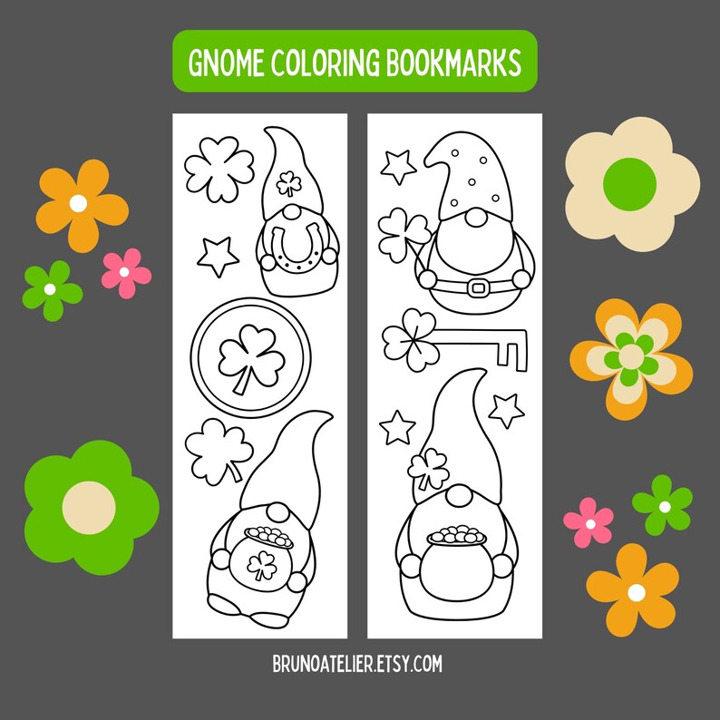 Gnome Coloring Bookmarks for Kids, St Patrick Bookmarks, Cute Gnome ...