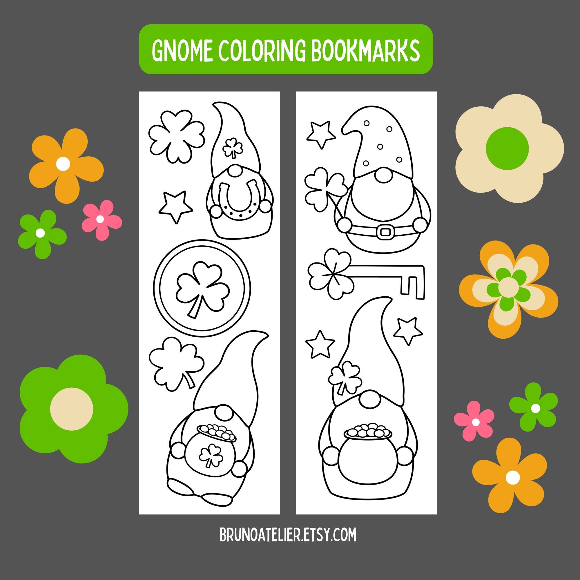 Gnome Coloring Bookmarks for Kids, St Patrick Bookmarks, Cute Gnome ...