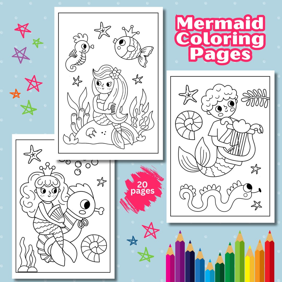 Cute Mermaid Coloring Pages for Kids, Mermaid Coloring Book, Mermaid ...