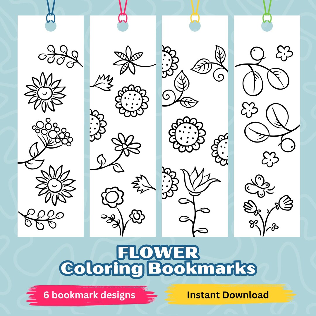 Floral Coloring Bookmarks for Kids, Printable Flower Bookmark Set ...