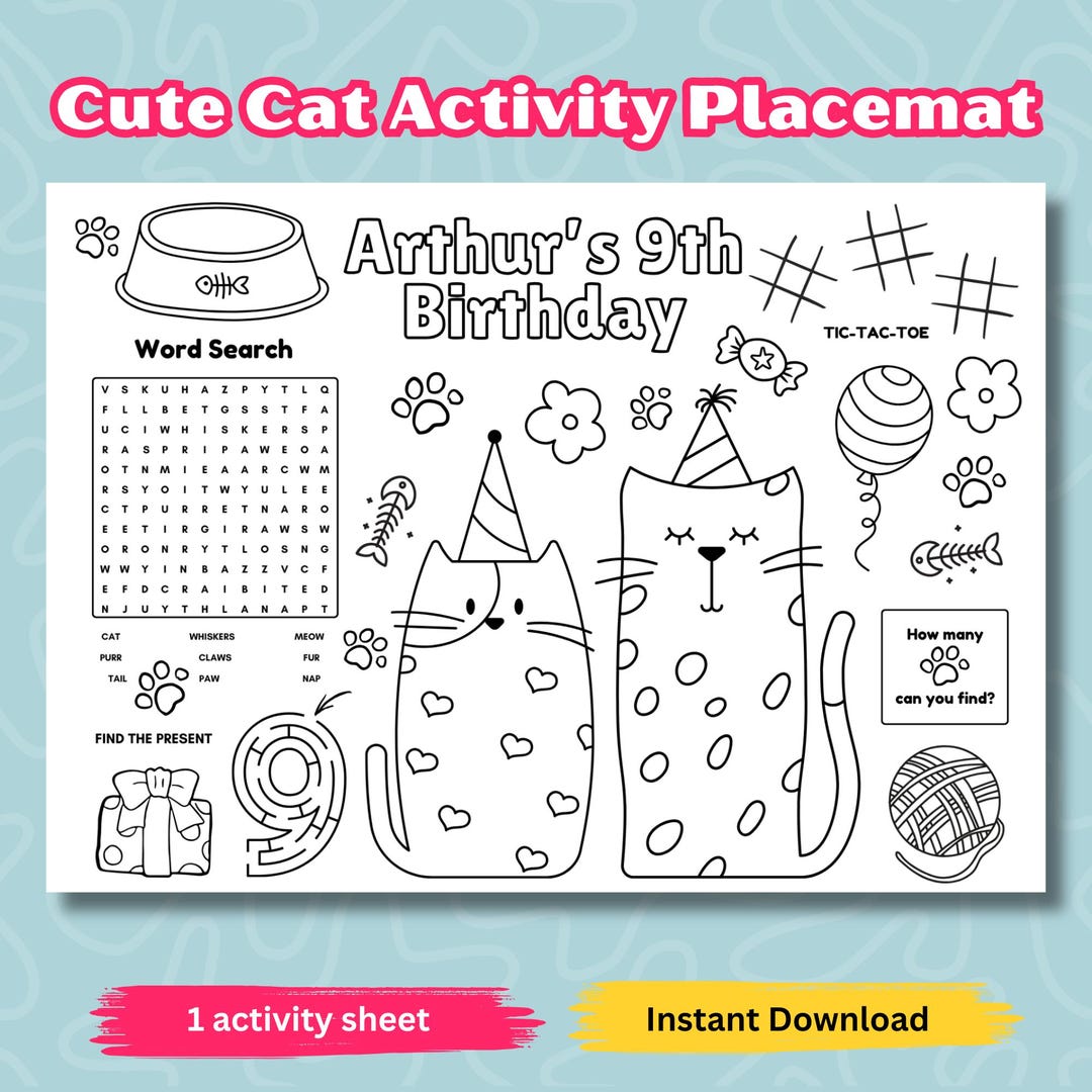 Cute Cat Birthday Party Activity Sheet, Cat Coloring Birthday Placemat ...