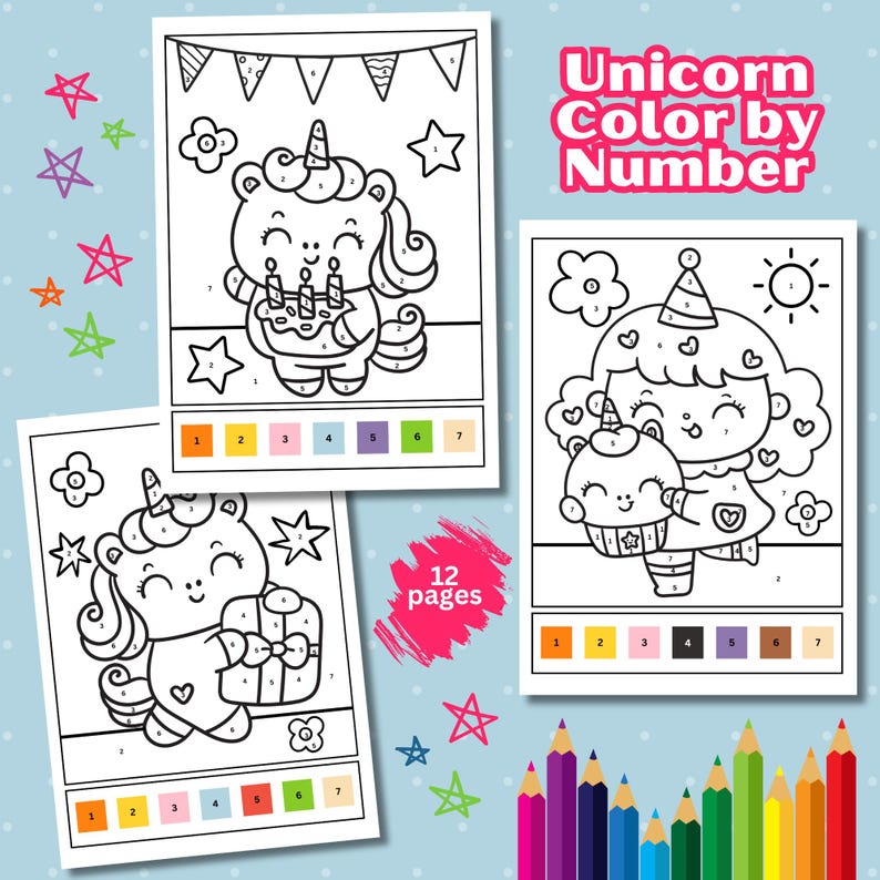 Unicorn Color by Number Pages for Kids, Color by Number Book, Printable ...