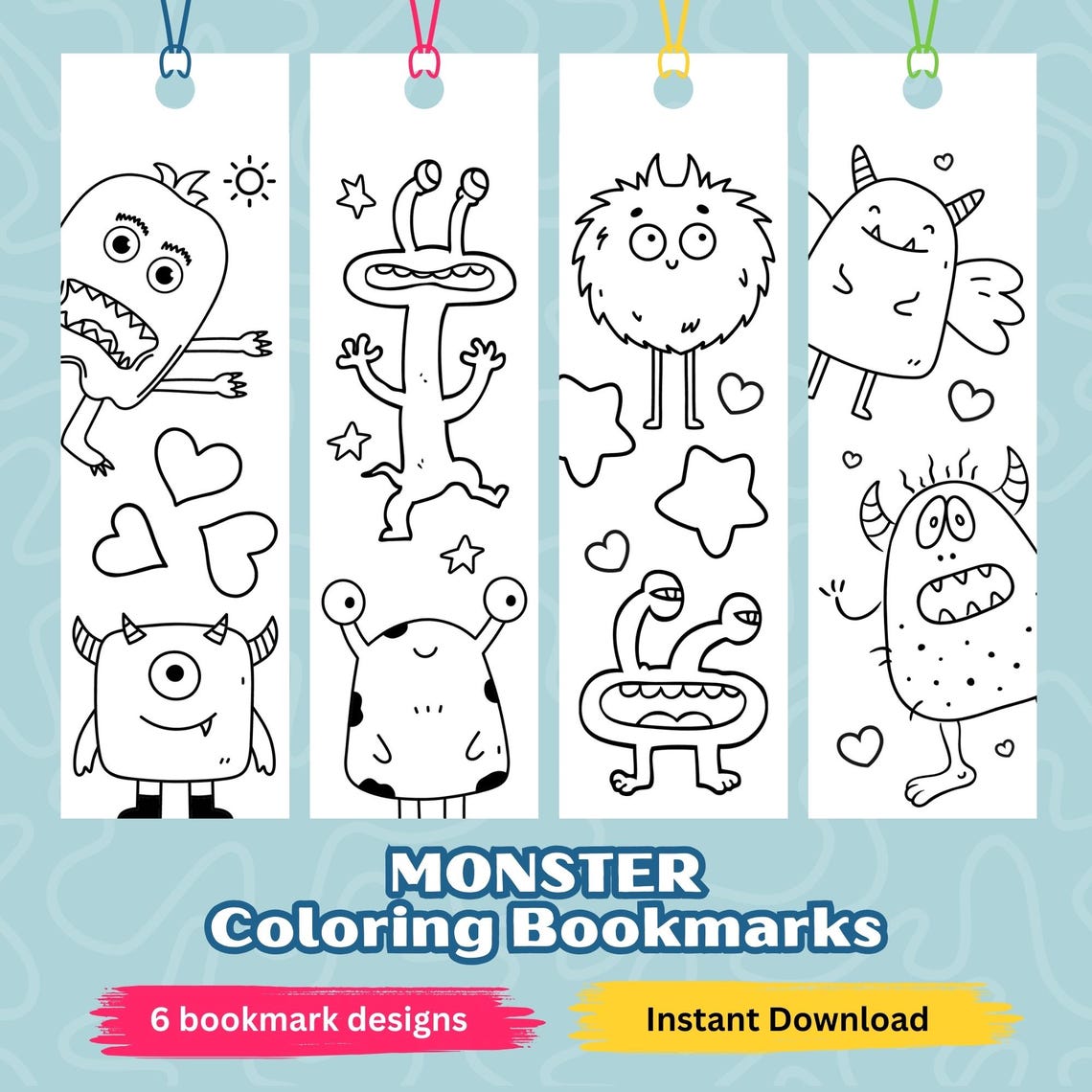 Monster Coloring Bookmarks for Kids, Animal Coloring Bookmarks, Monster ...