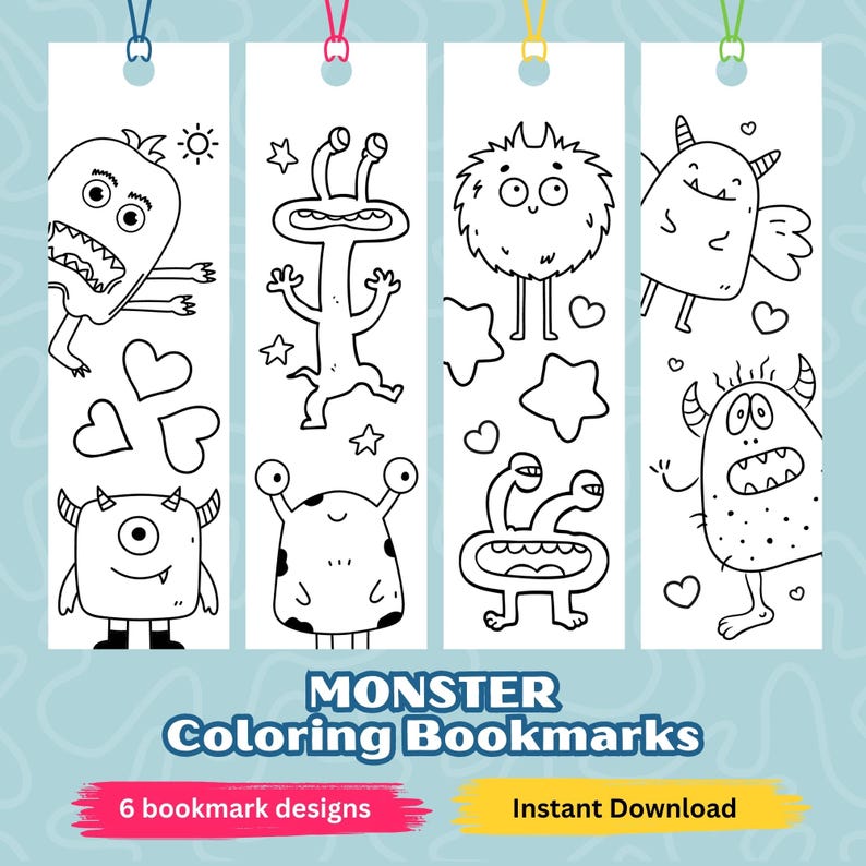 Monster Coloring Bookmarks for Kids: Printable Animal Designs (digital ...