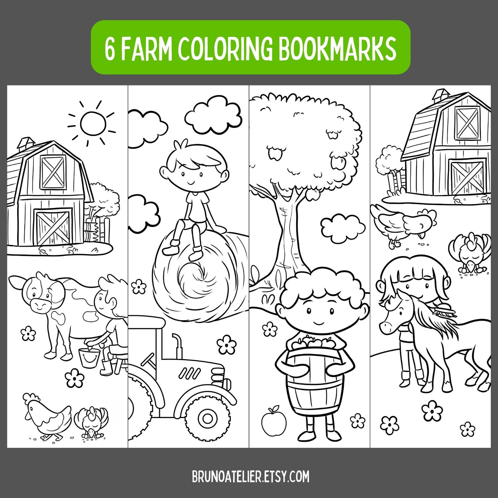 Farm Coloring Bookmarks for Kids, Cute Animal Coloring Bookmarks, Farm ...