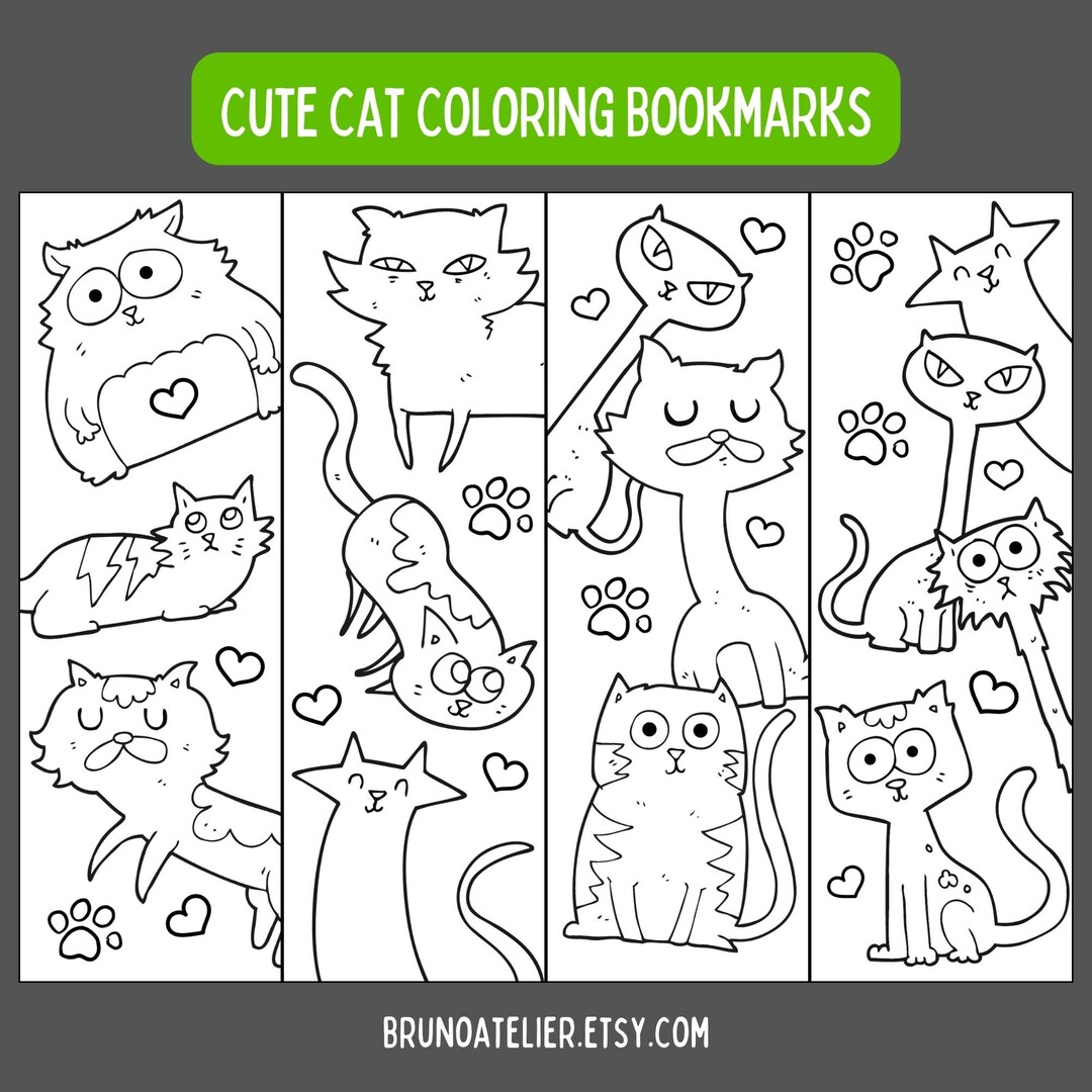Cute Cat Coloring Bookmarks for Kids, Animal Coloring Bookmarks, Cute ...