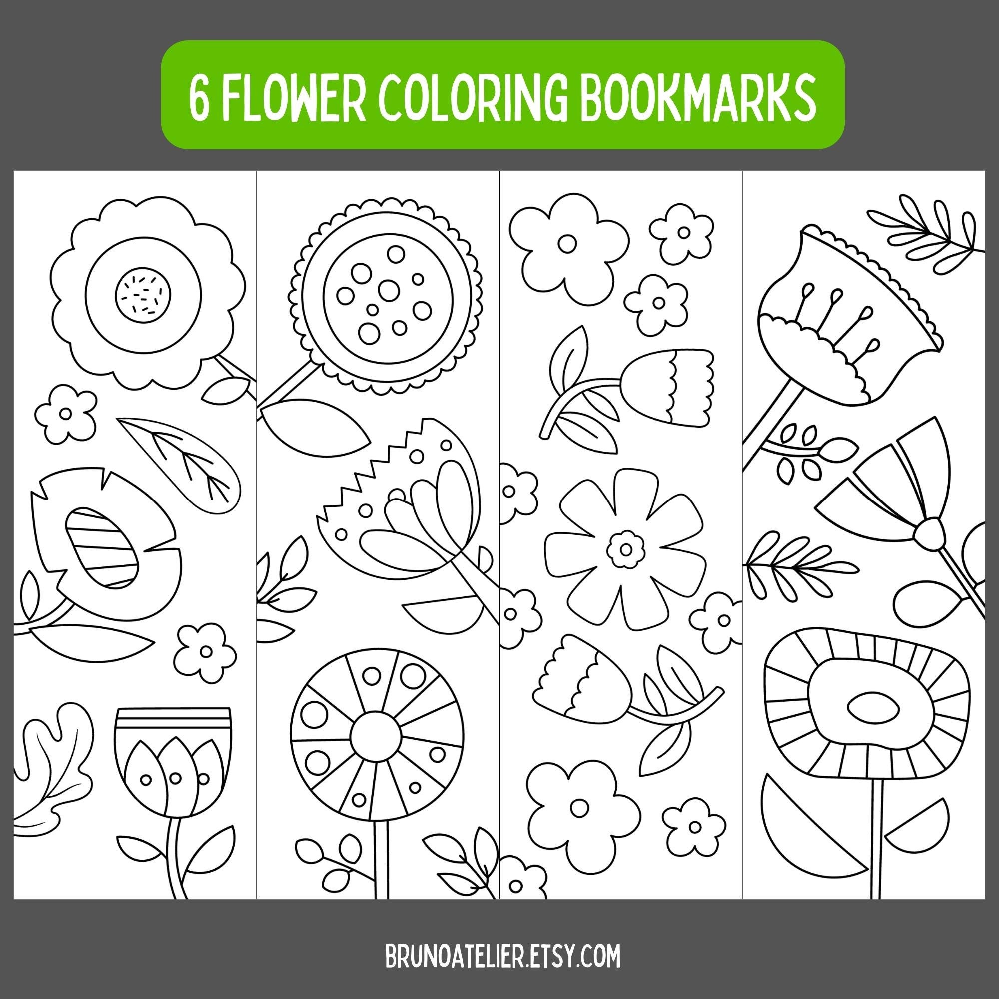 Printable Flower Coloring Bookmarks, Flower Bookmark Set, Bookmarks to ...