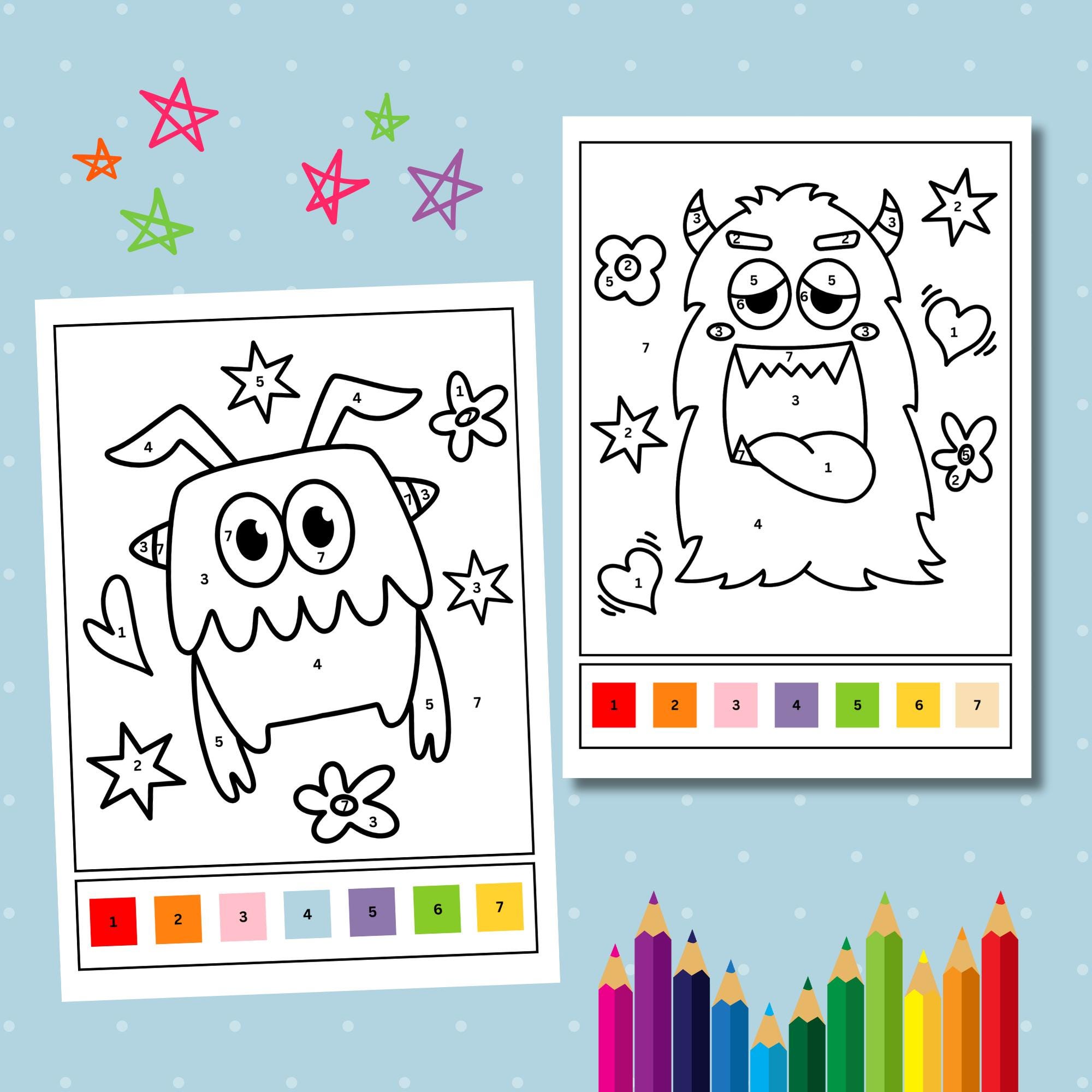 Cute Monster Color by Number Pages, Kids Coloring Book (PDF) - Etsy