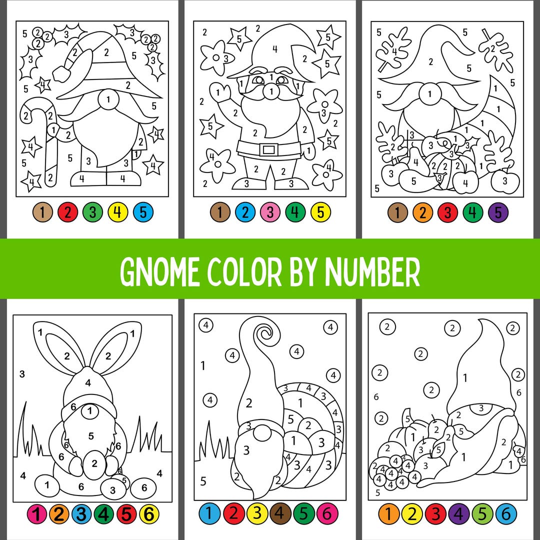 Gnome Color by Number Pages, Gnome Coloring Pages for Kids, Color by ...