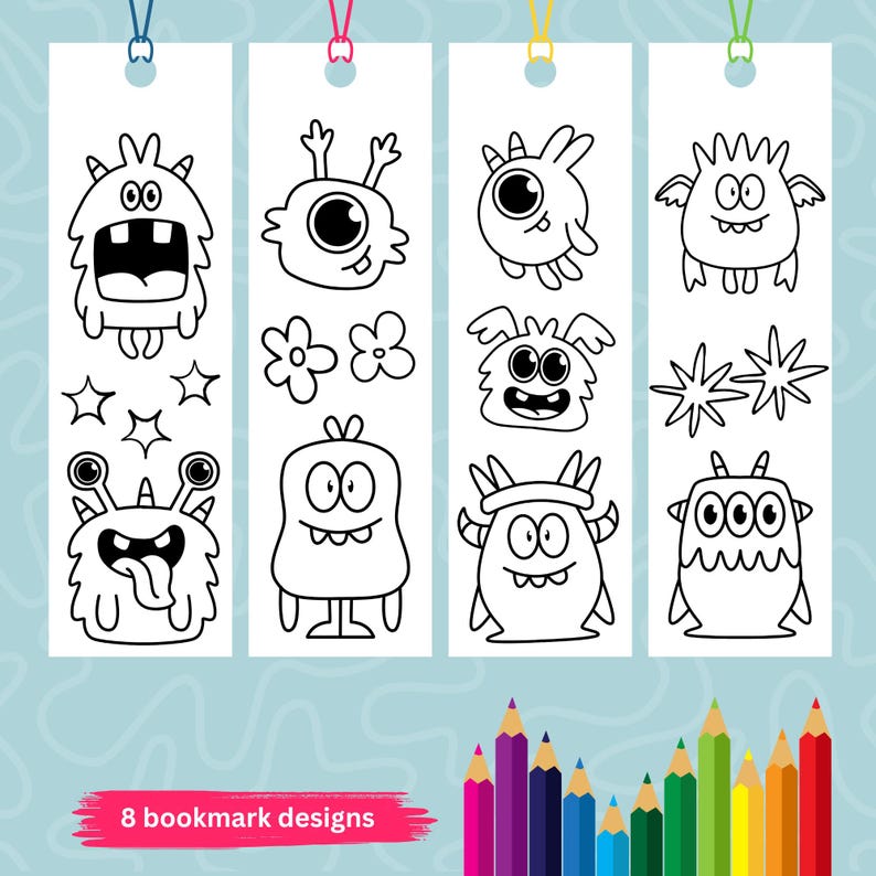 Monster Coloring Bookmarks for Kids: Printable Animal Designs (digital ...