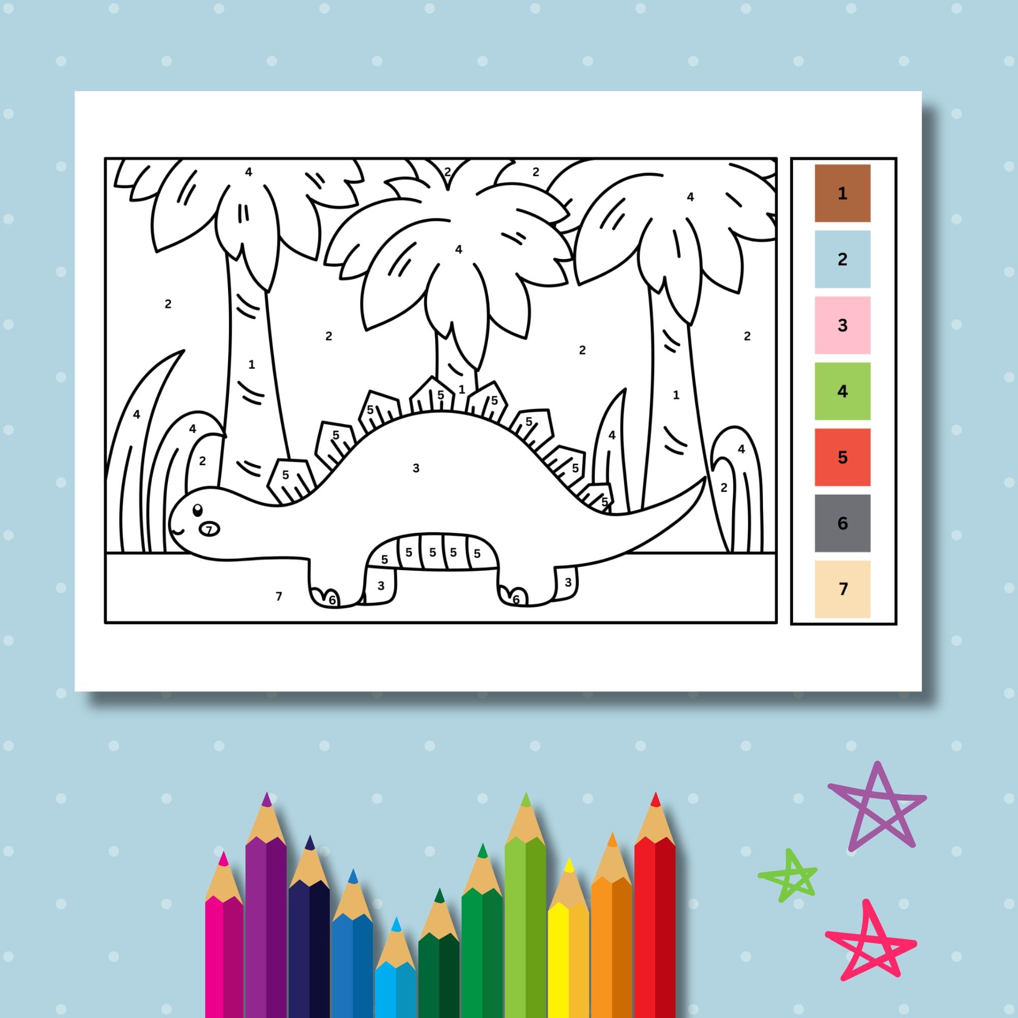 Cute Dinosaur Color by Number Pages, Dinosaur Coloring Pages for Kids ...