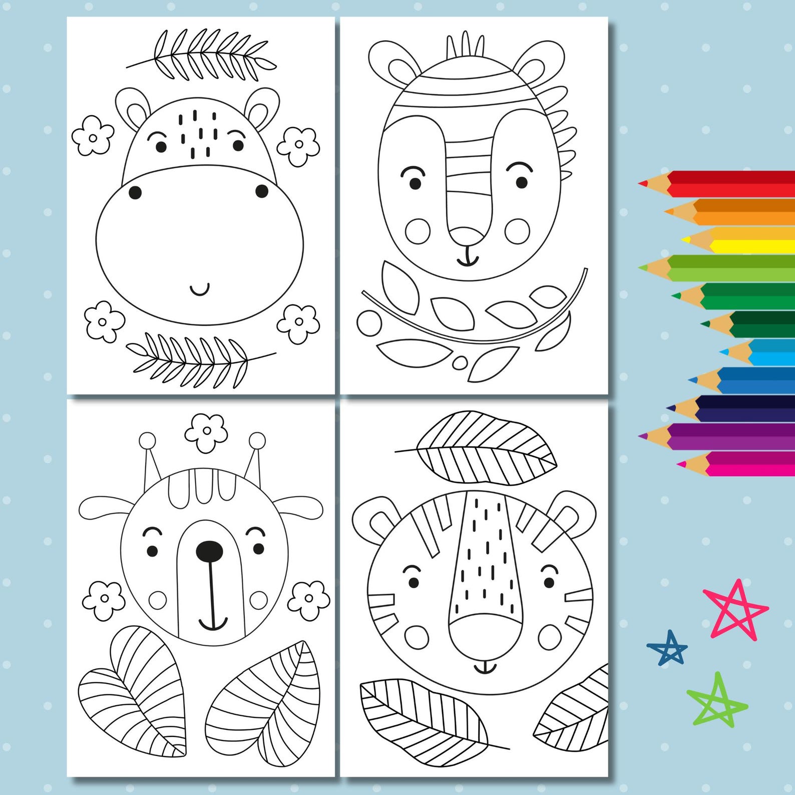 Safari Coloring Pages for Kids, Cute Animal Coloring Pages, Baby Animal ...