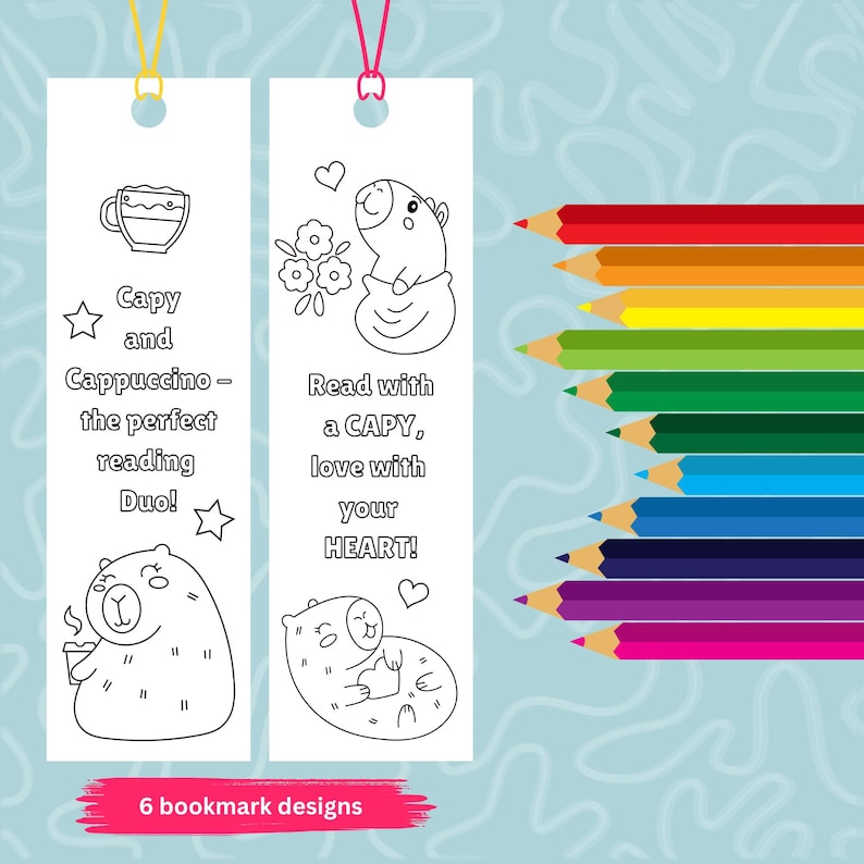 Capybara Coloring Bookmarks, Set of 6 Cute Animal Bookmarks (digital ...