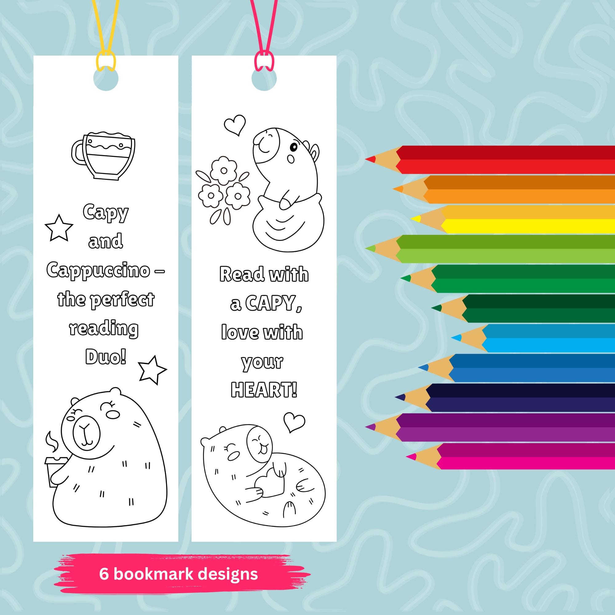 Capybara Coloring Bookmarks, Set of 6 Cute Animal Bookmarks (digital ...