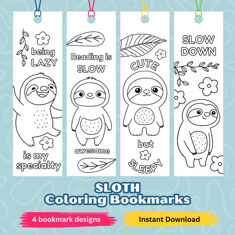 Sloth Bookmarks, Sloth Coloring Bookmarks for Kids, Cute Animal ...