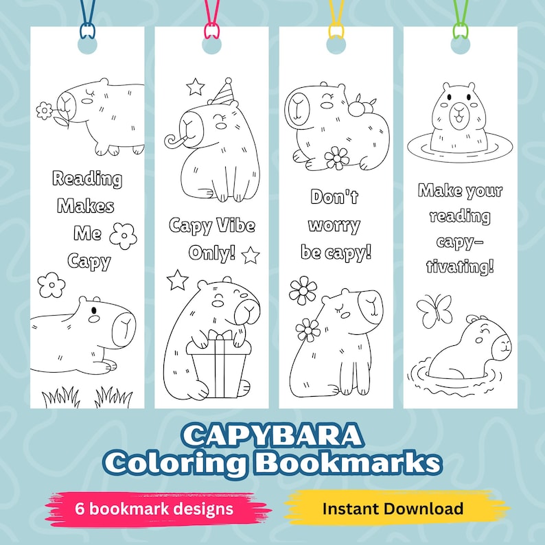 Capybara Coloring Bookmarks, Set of 6 Cute Animal Bookmarks (digital ...