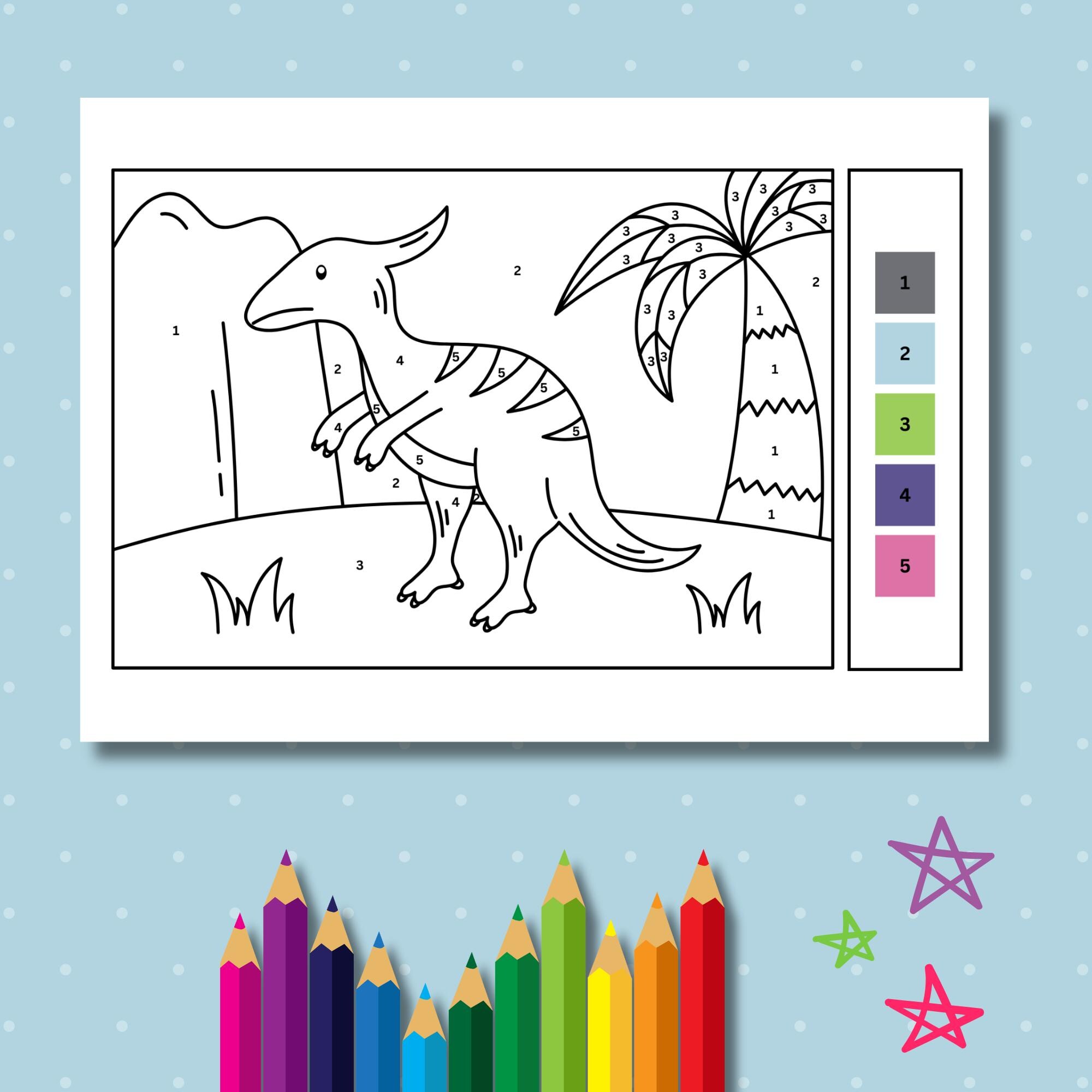 Cute Dinosaur Color by Number Pages, Dinosaur Coloring Pages for Kids ...