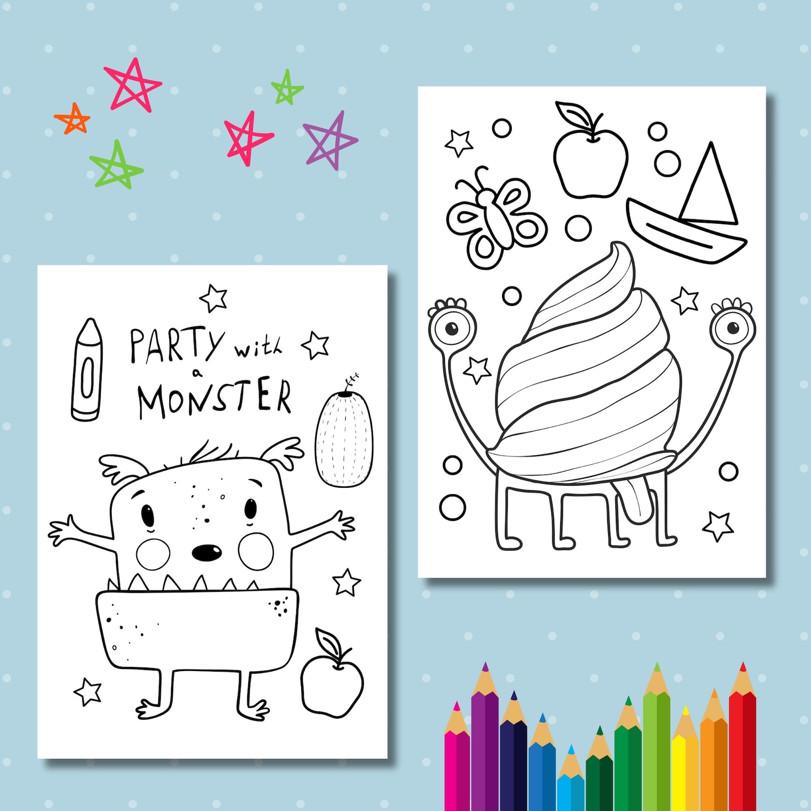 Cute Monster Coloring Pages for Kids, Monster Birthday Party, Cute ...