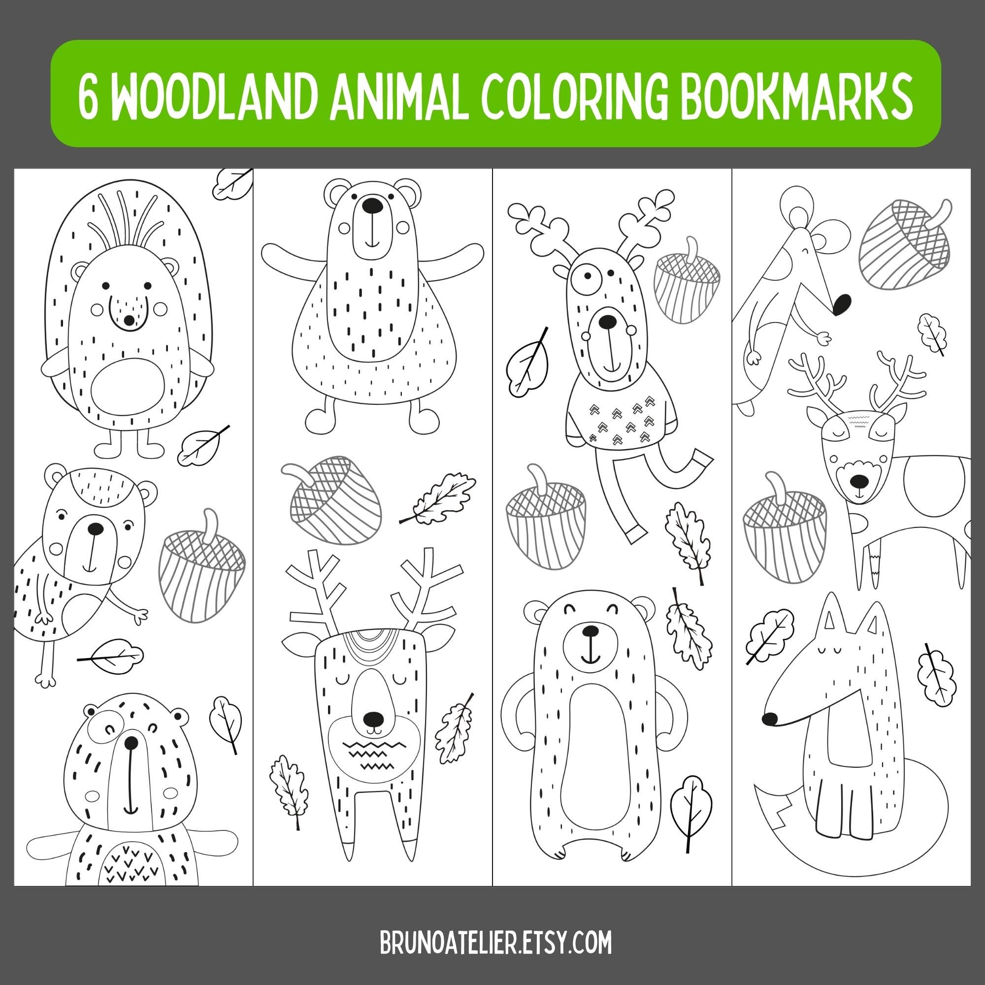 Woodland Coloring Bookmarks for Kids, Forest Bookmarks, Animal Coloring ...