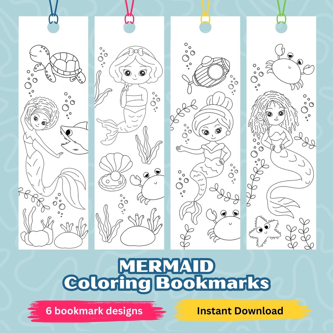 Mermaid Coloring Bookmarks for Kids, Sea Animal Coloring Bookmarks ...