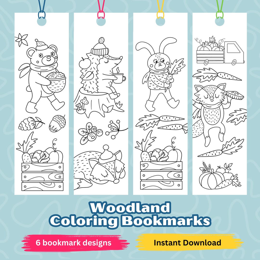 Woodland Coloring Bookmarks for Kids, Forest Bookmarks, Animal Coloring ...