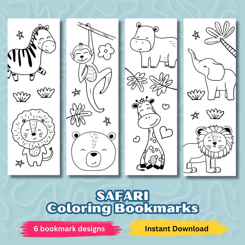 Safari Coloring Bookmarks for Kids, Animal Coloring Bookmarks, Safari ...