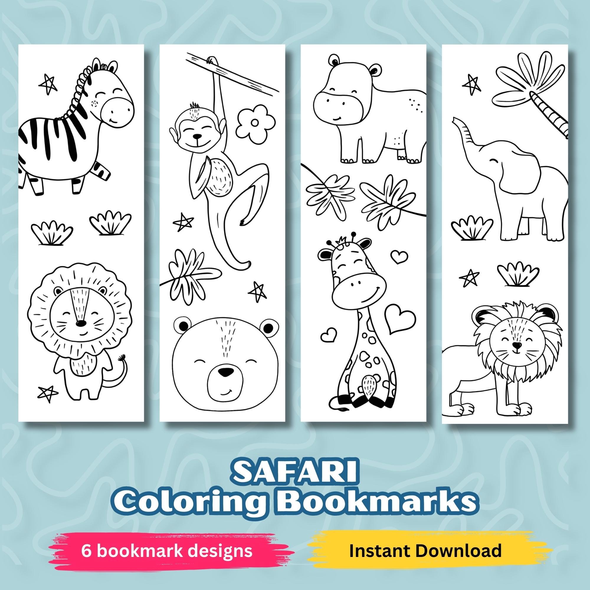 Safari Coloring Bookmarks for Kids, Animal Coloring Bookmarks, Safari ...