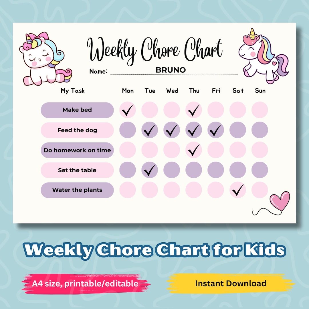 Editable Weekly Chore Chart for Kids, Kids Chore List, Kids Routine ...