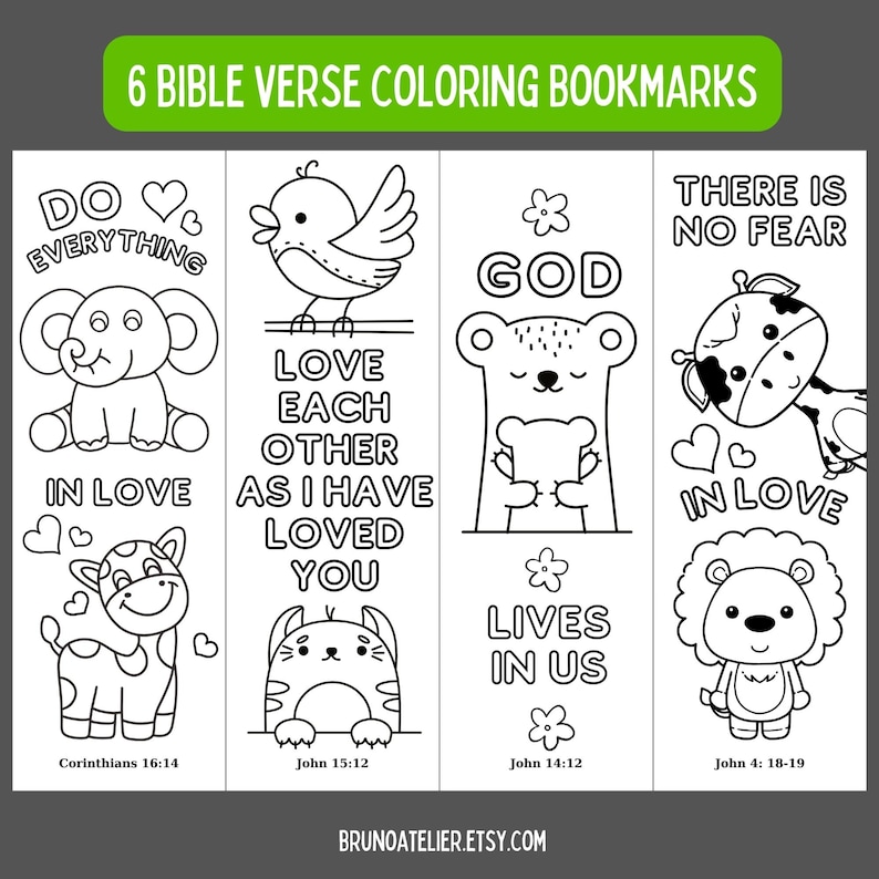 Bible Verse Coloring Bookmarks for Kids, Bible Bookmarks, Animal ...