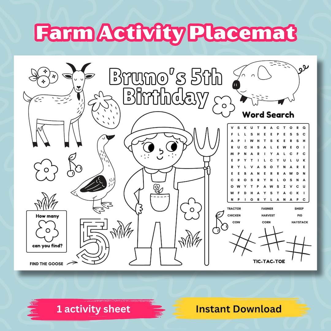 Farm Birthday Party Activity Sheet, Farm Coloring Birthday Placemat ...