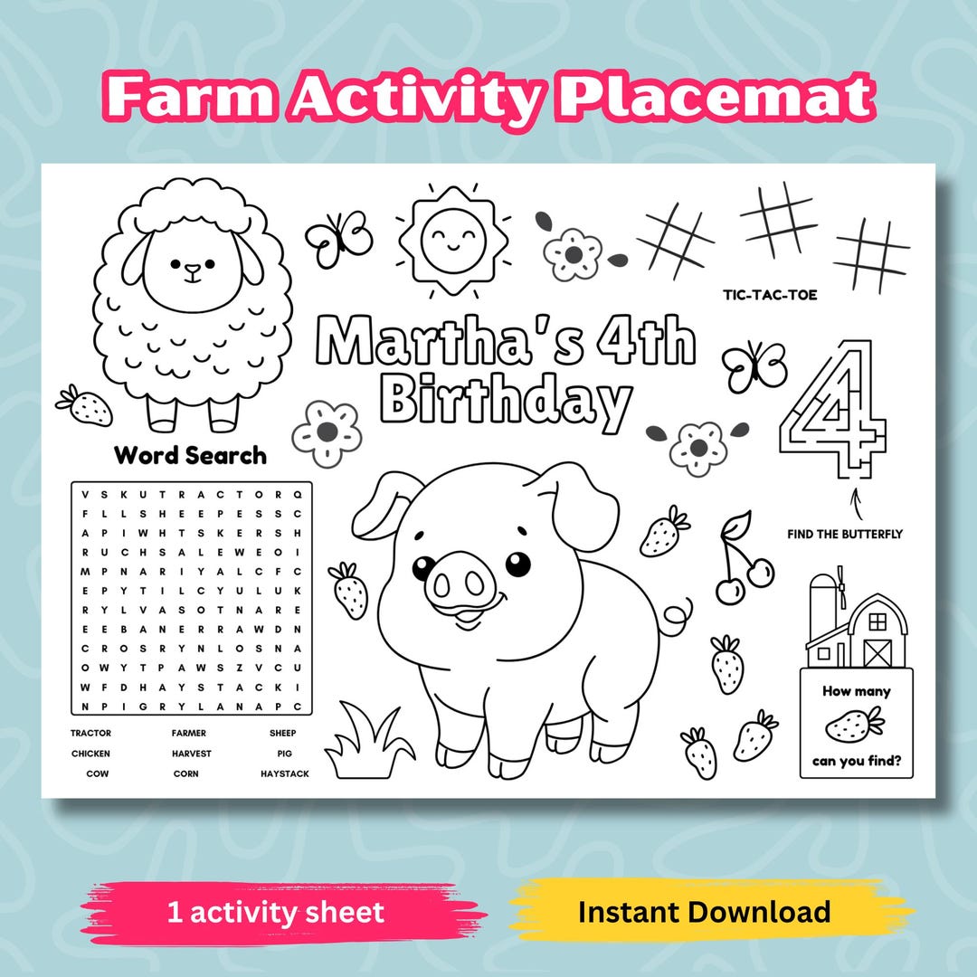 Farm Birthday Party Activity Sheet, Farm Coloring Birthday Placemat ...