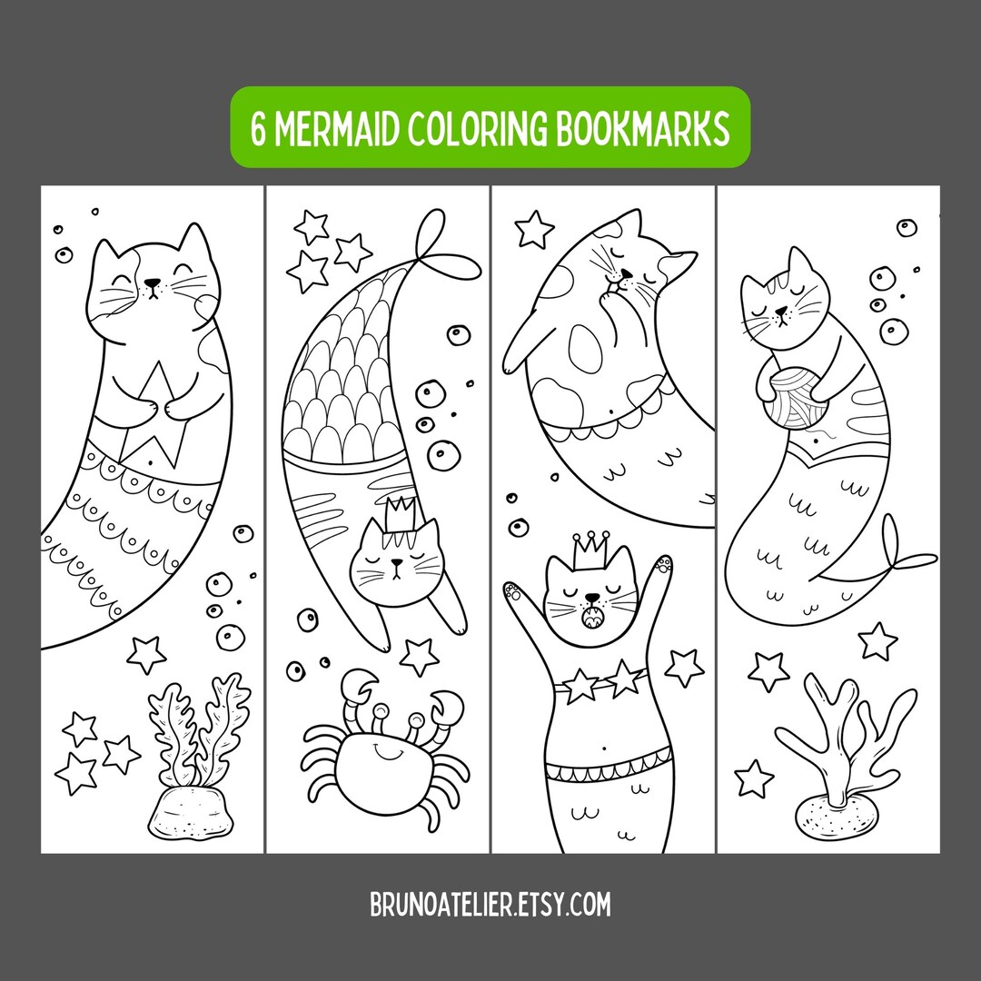 Mermaid Coloring Bookmarks for Kids, Cute Cat Bookmarks, Mermaid ...