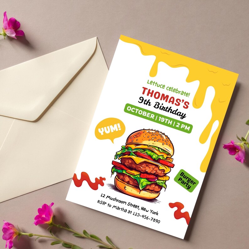 Editable Hamburger Birthday Invitation, Digital Burger Party Invitation ...