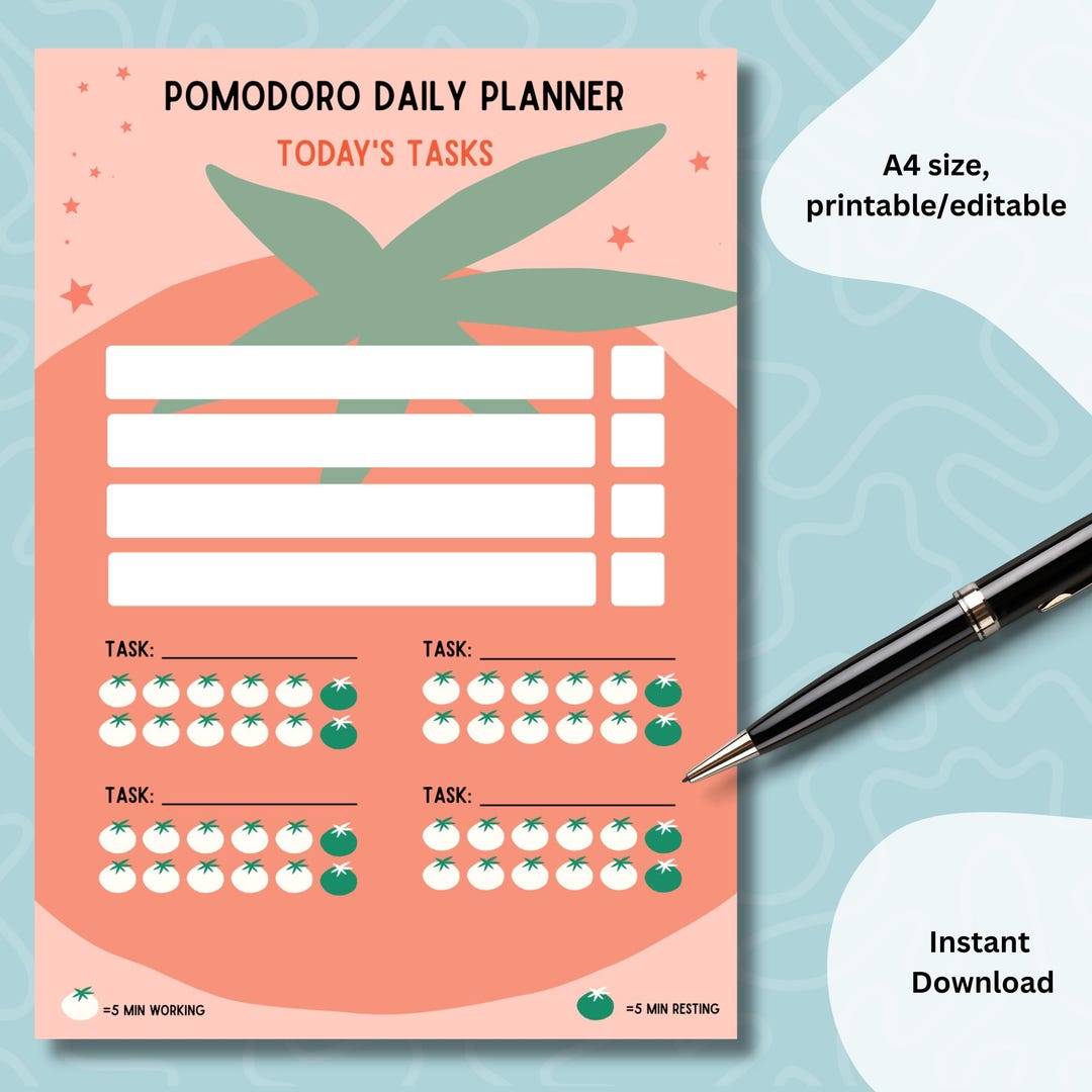 Printable Pomodoro Tracker, Work From Home Planner, Printable ...