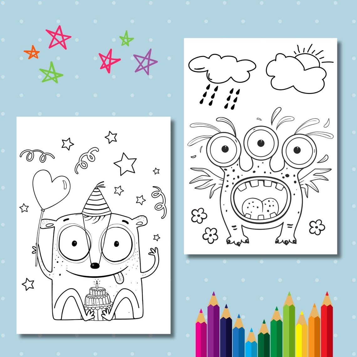 Cute Monster Coloring Pages for Kids, Monster Birthday Party, Cute ...
